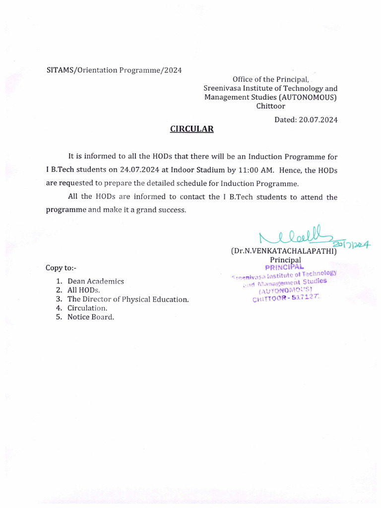Circular - Induction Programme For B.Tech Students | PDF