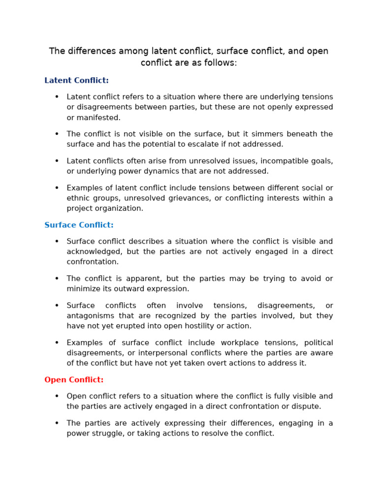 Latent Conflict Vs Surface, Vs Open Conflicts | PDF | Politics