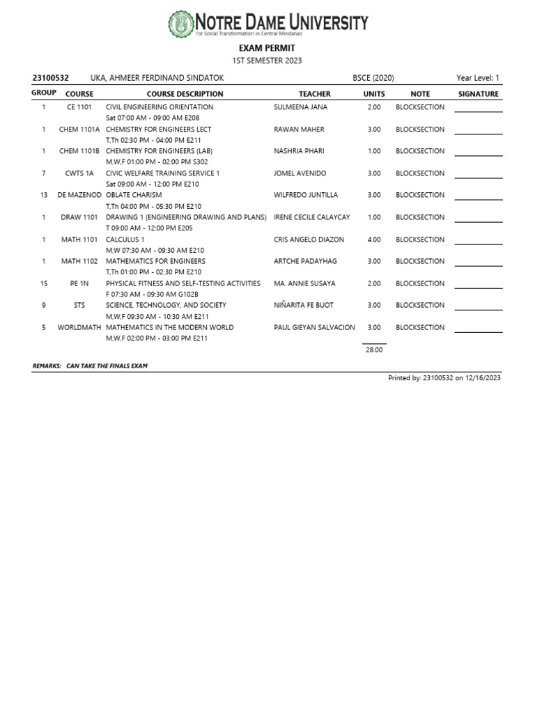 Student Exam Permit | PDF