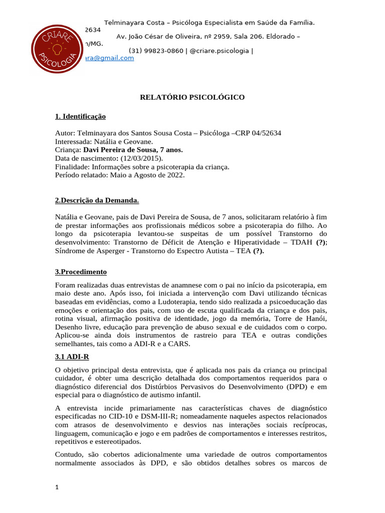 modelo relatório psicológico 2019 | PDF
