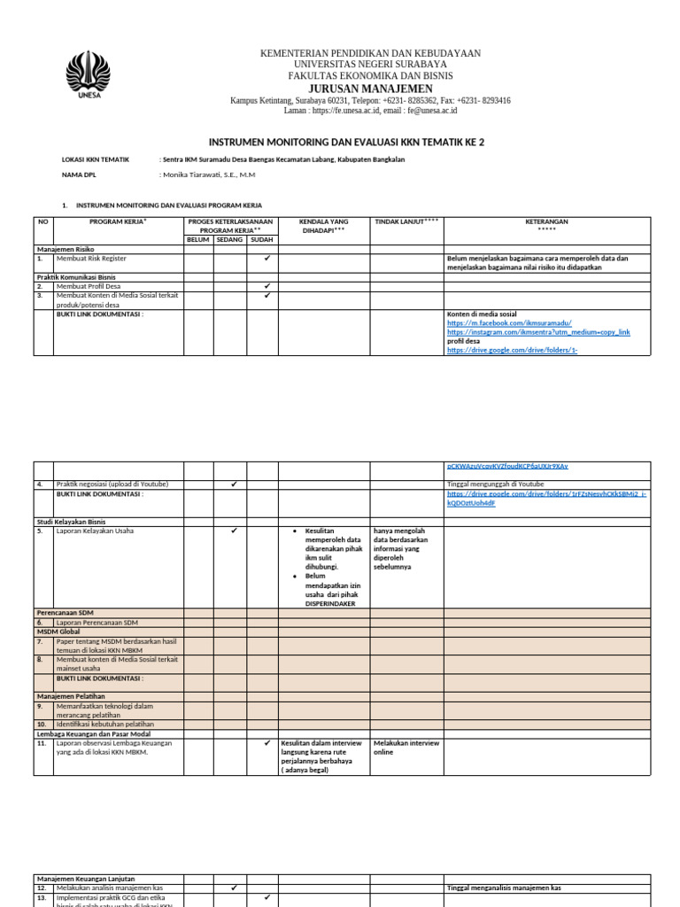 Instrumen Monev KKN Tematik Ke 2 | PDF