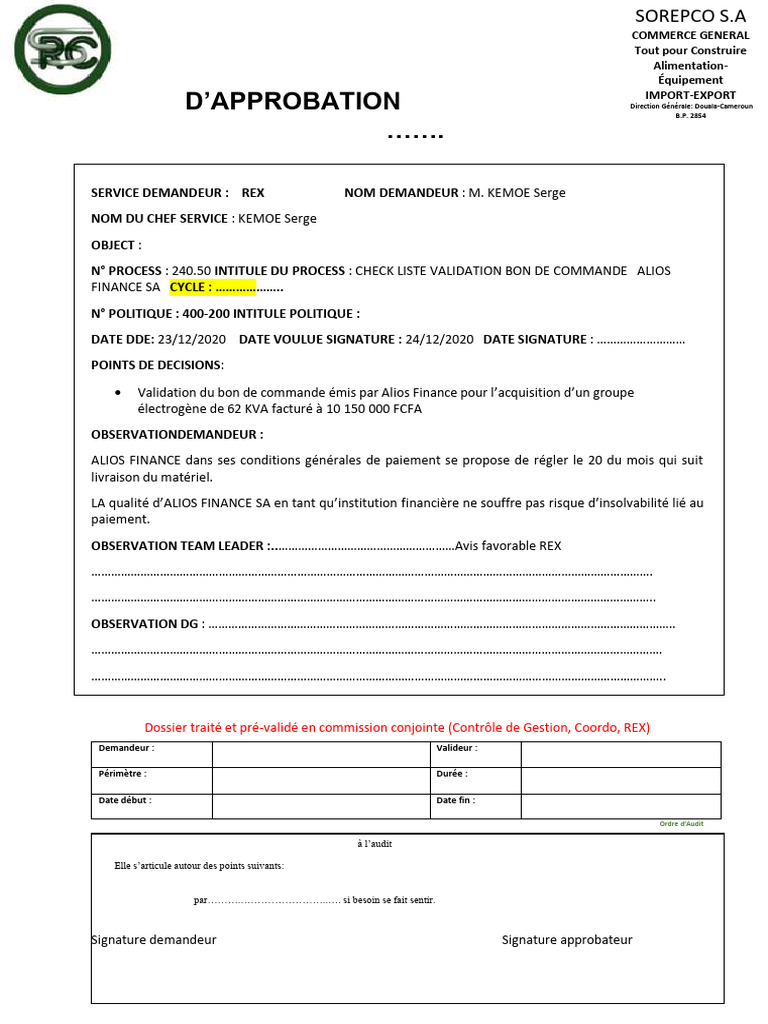 Fiche Approbation - Bon de Commande Client Alios Finance | PDF