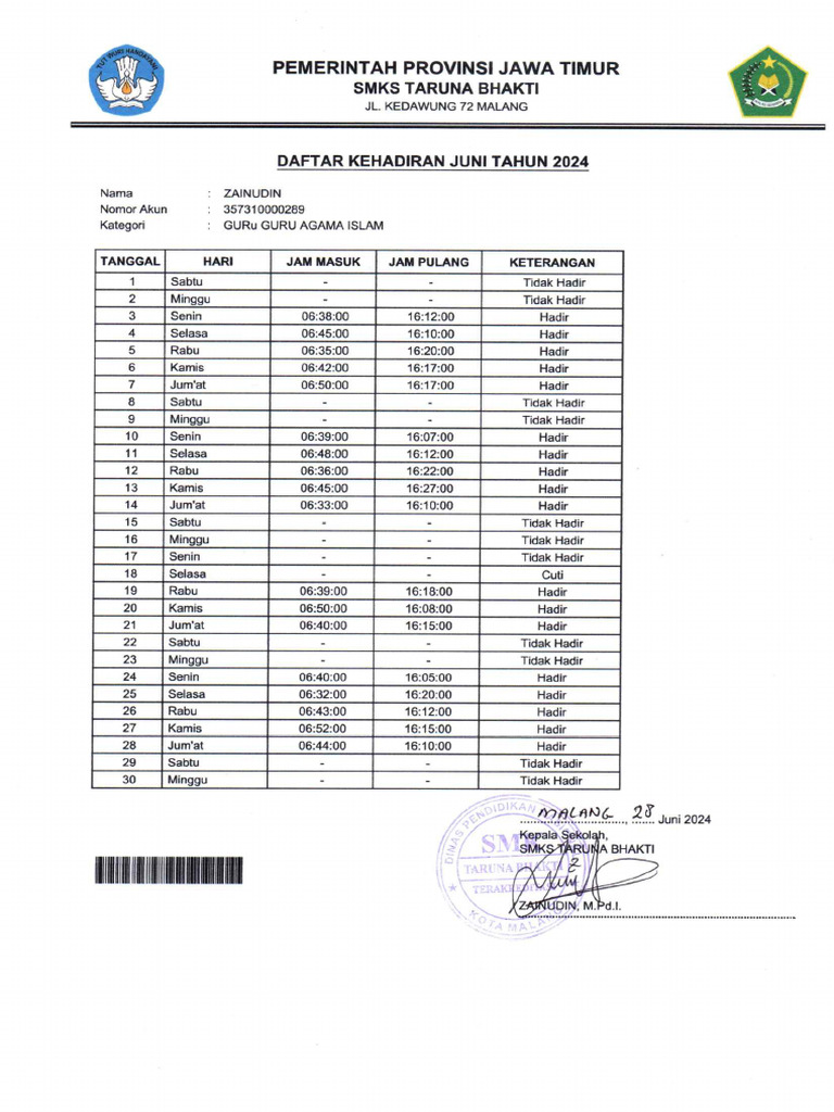 Daftar Kehadiran Jun24 Zainudin | PDF
