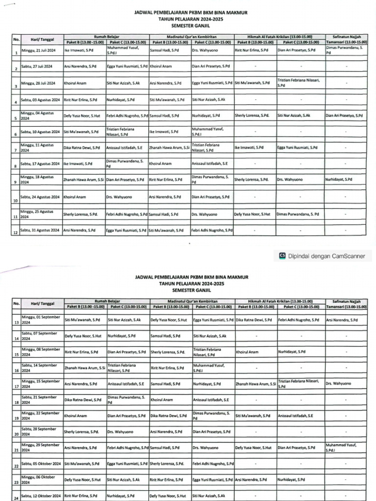 Jadwal Pembelajaran 2024-2025 Ganjil | PDF