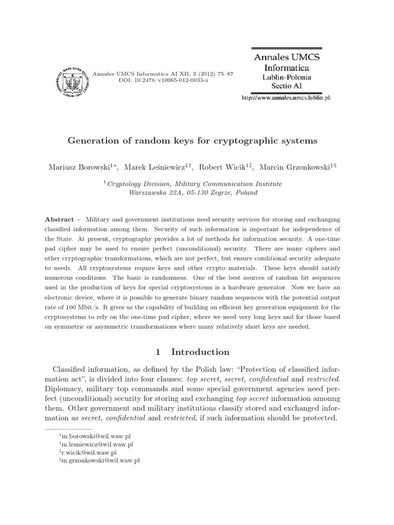 Generation of Random Keys For Crypt | PDF