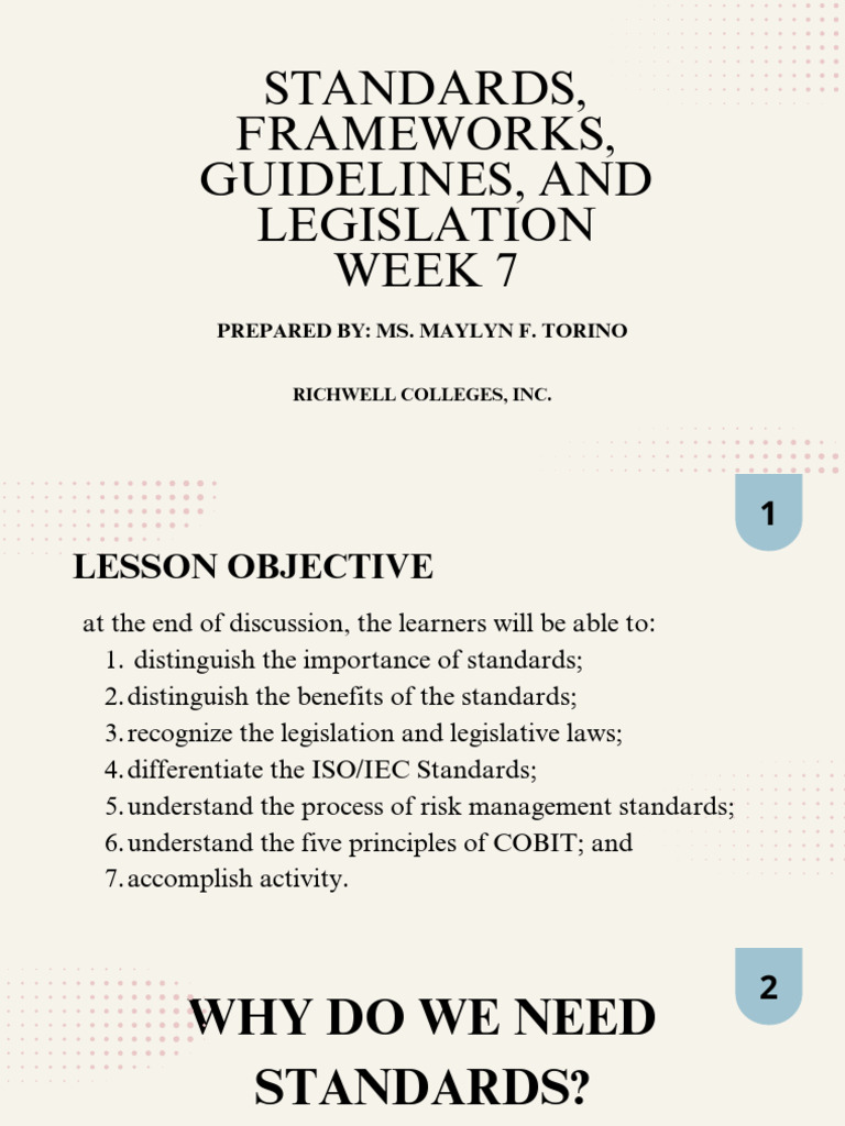 W7 - Standards, Frameworks, Guidelines, and Legislation | PDF