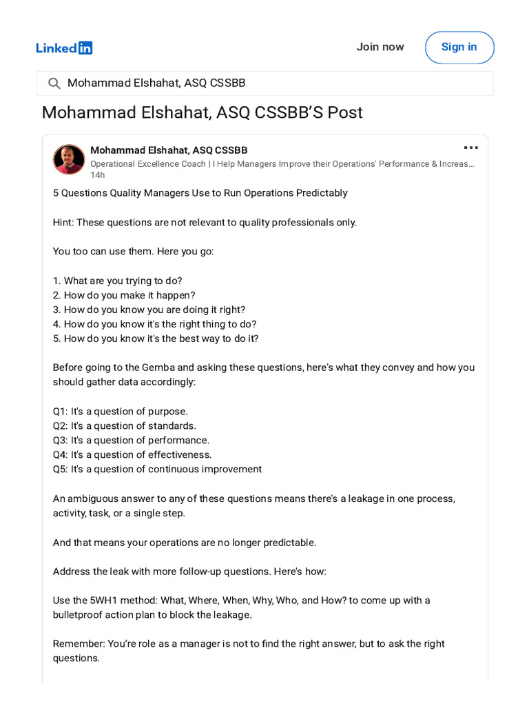 Mohammad Elshahat, ASQ CSSBB On LinkedIn #Lean #M | PDF | Six Sigma | Business