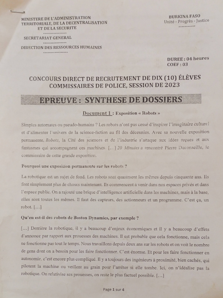 Sujet de Synthèse de Dossier Commissaire 2023 | PDF