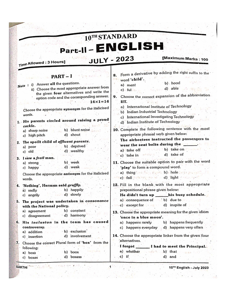 10th STD ENGLISH QUESTION AND ANSWER PART2 | PDF