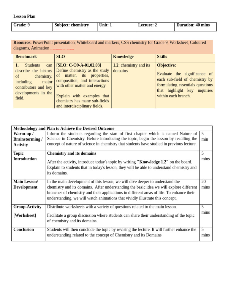 Chemistry Grade 9 Chapter 1 Knowledge 1.2 Lesson Plan | PDF | Chemistry | Lesson Plan