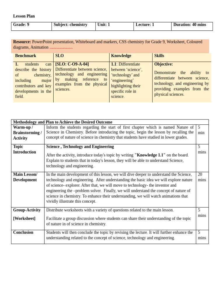 Chemistry Grade 9 Chapter 1 Knowledge 1.1 Lesson Plan | PDF | Science ...