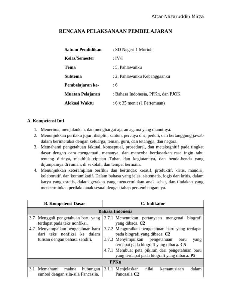 RPP (Kelas 4 Tema 5 Subtema 2 Pemb 6) | PDF