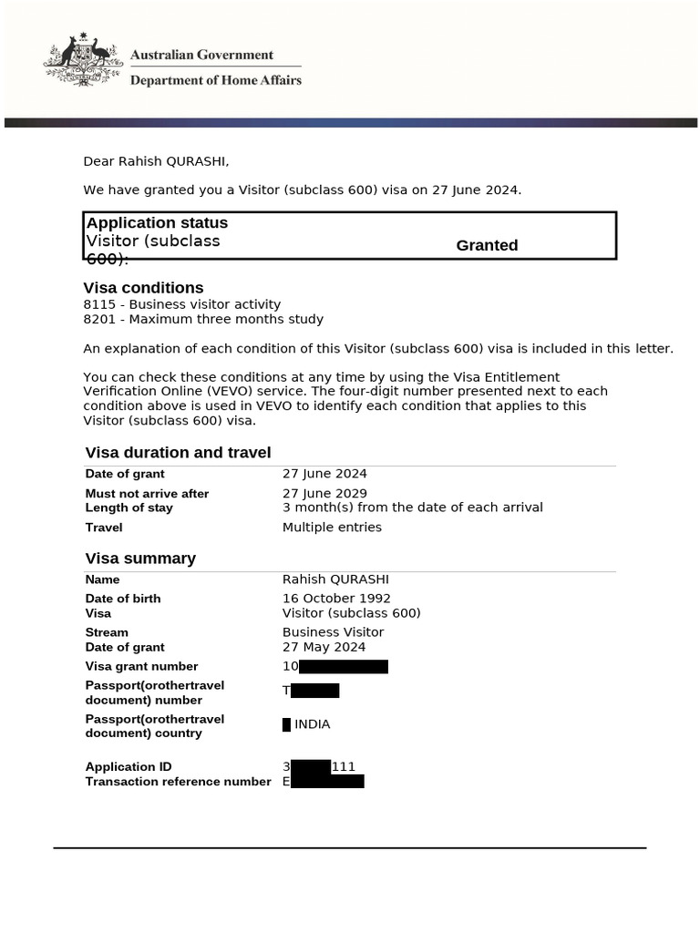 Subclass 600 Visa Rahish QURASHI 27 June | PDF