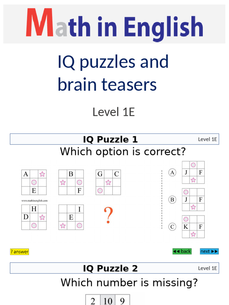 IQ Puzzles and Brain Teasers: Level 1E | PDF