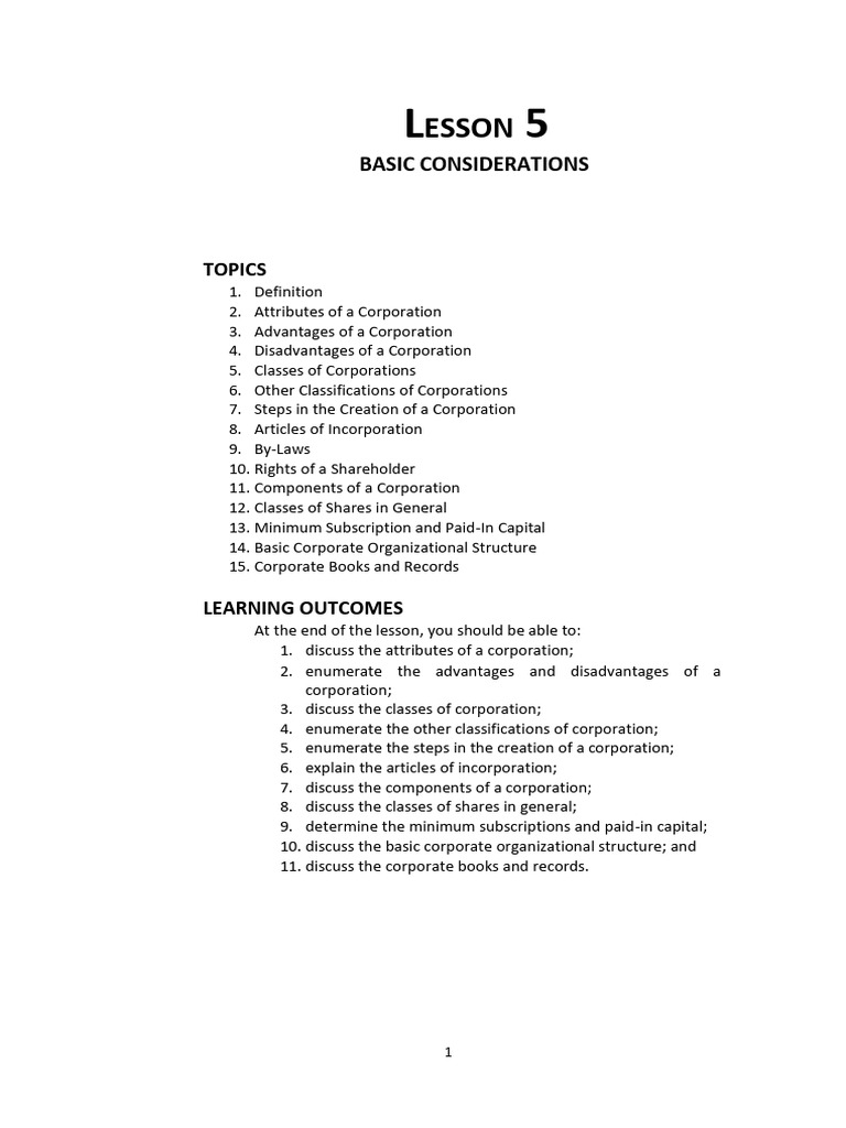 LESSON 5 Basic Considerations Corporation | PDF
