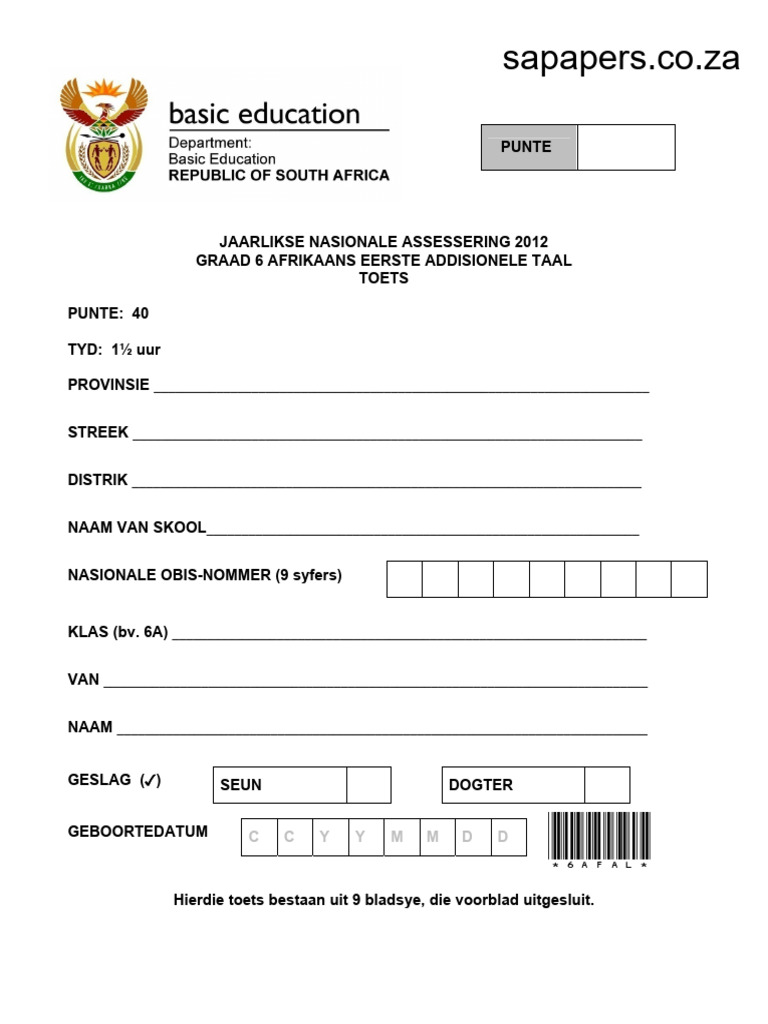 Afrikaans FAL Graad 6 2012 | PDF