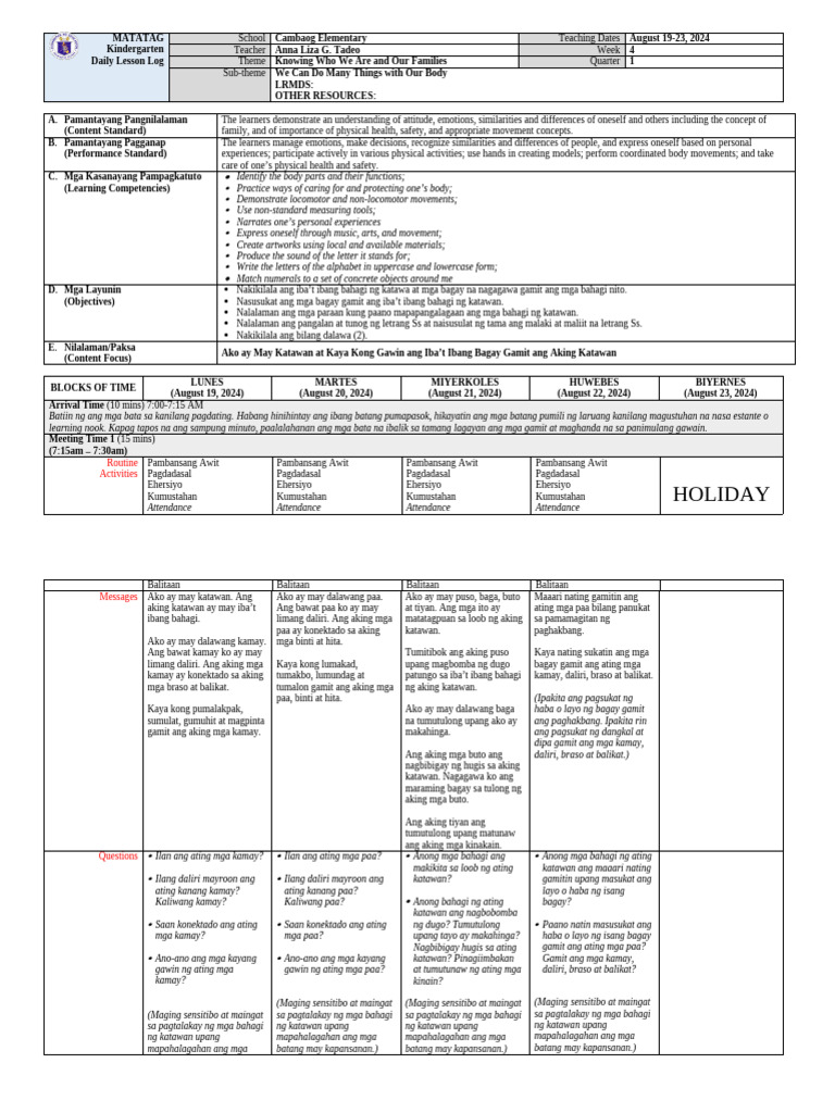Kindergarten-Q1-Week 4-MATATAG Lesson Exemplar Asf | PDF