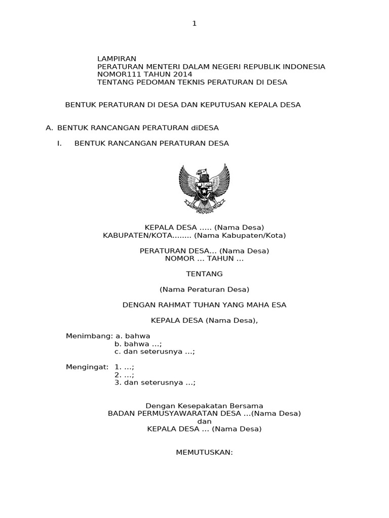 3.2.2 PERMENDAGRI No. 111 Tahun 2014 Lampiran (Contoh Perdes) | PDF