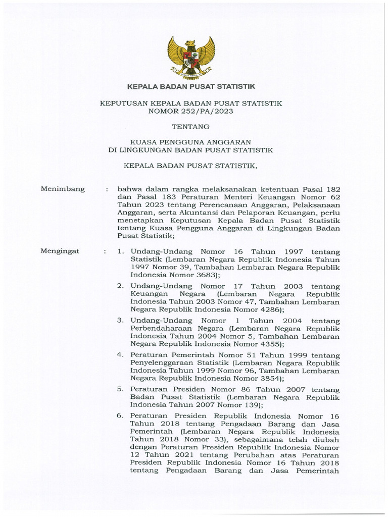 KEPKA BPS NOMOR 252-PA-2023-Tentang SK KPA | PDF