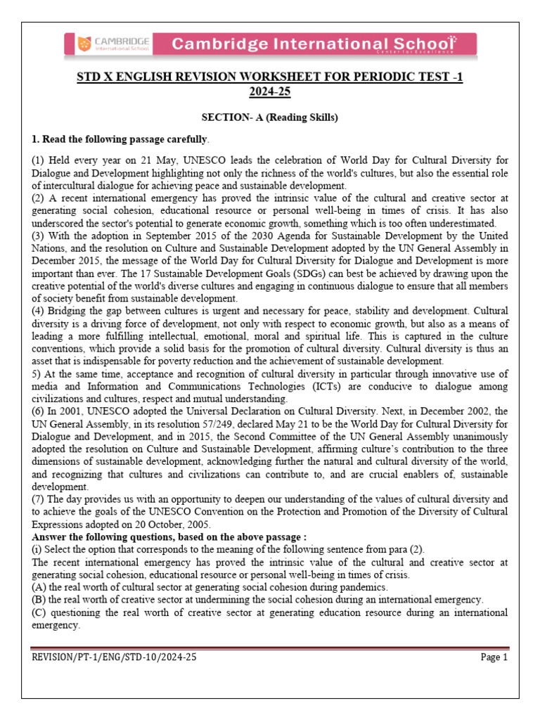 Std x English Pt-1 Revision Worksheet (2024-25) | PDF