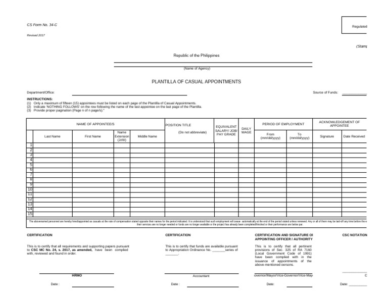 CS Form No. 34-C Plantilla of Casual Appointment - LGU Regulated | PDF