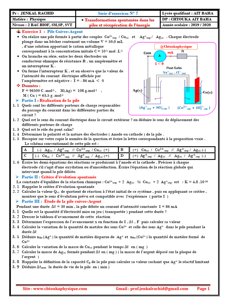 Série D'exercices 6, Transformations Spontanées Dans Les Piles Et Récupération de L'énergie ...