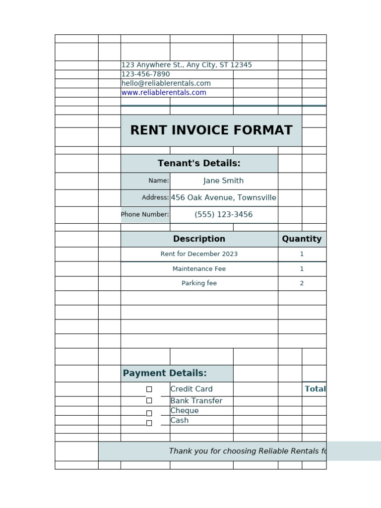 Rent Invoice Format Template | PDF