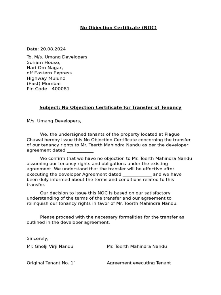 No Objection Letter | PDF