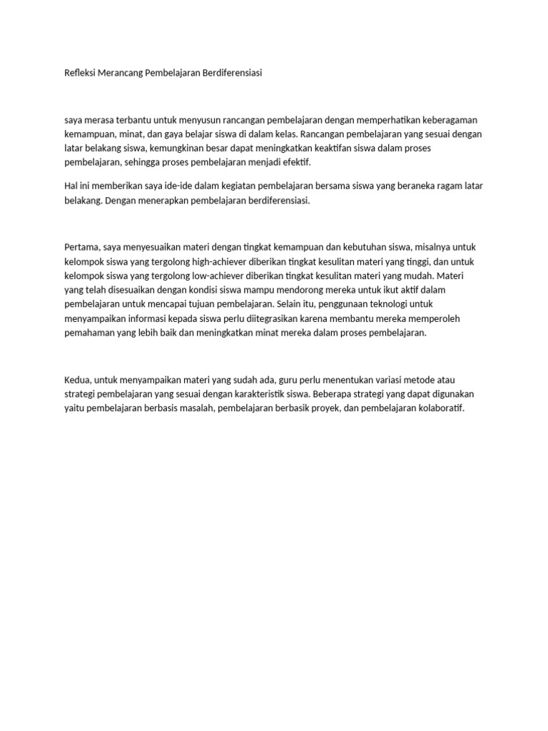 Refleksi Merancang Pembelajaran Berdiferensiasi | PDF Refleksi Merancang Pembelajaran Berdiferensiasi | PDF