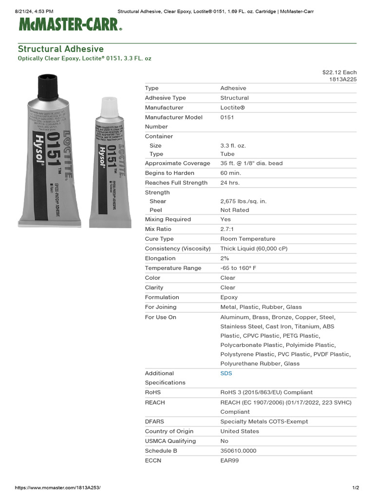 Structural Adhesive, Clear Epoxy, Loctite® 0151, 1.69 FL. Oz. Cartridge ...