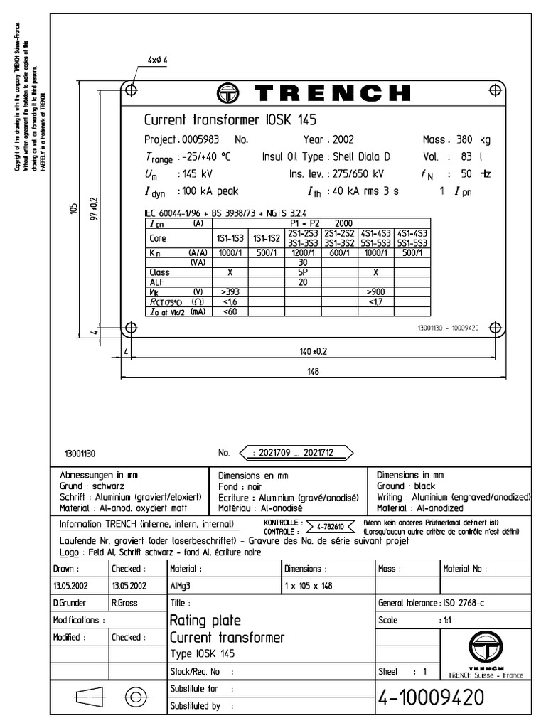 Rating Plate Current Transformer Type IOSK 145 MSC 250 Bay & MSC ...
