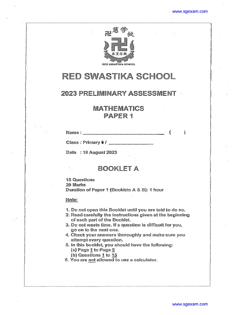 2023 P6 Maths Prelim Red Swastika | PDF