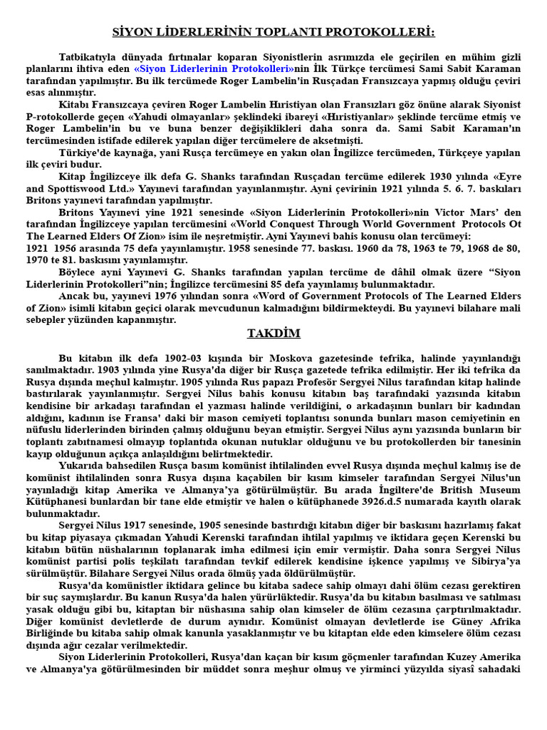 Siyon Bilgelerinin Protokolleri Beynelmilel Yahudi Ve Hanry Ford | PDF
