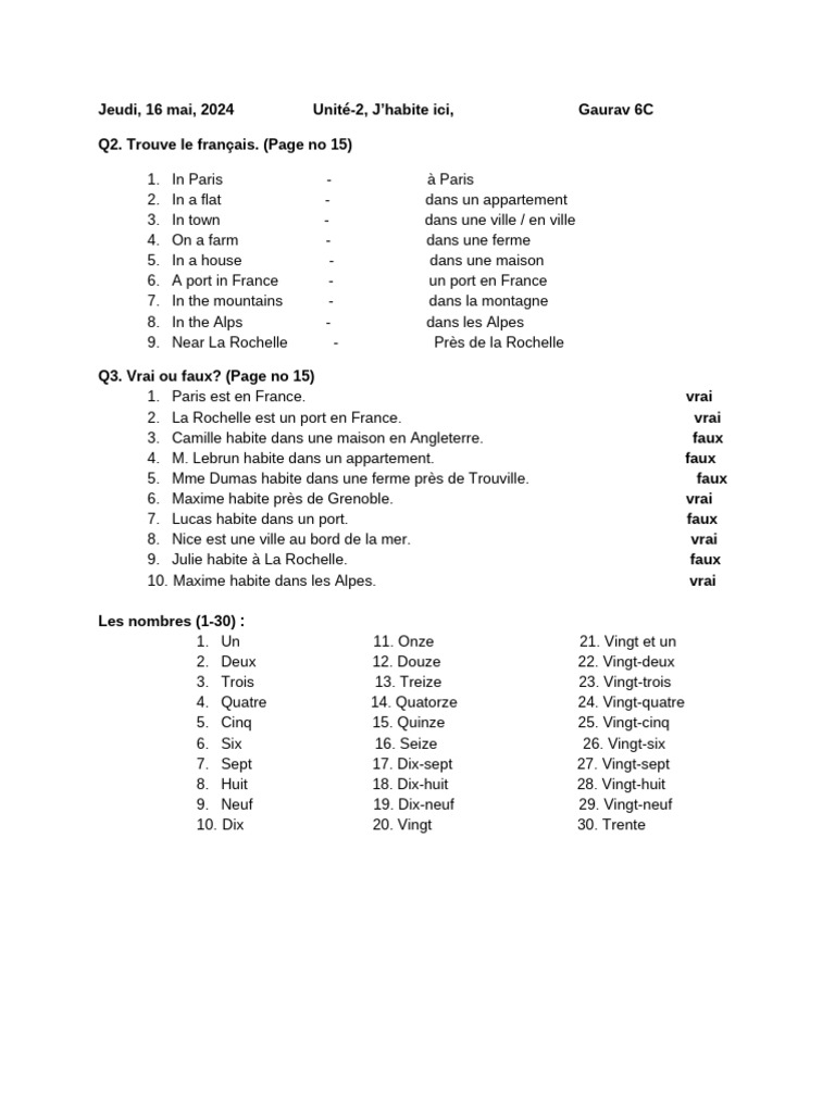 French Vocabulary and Exercises Guide | PDF