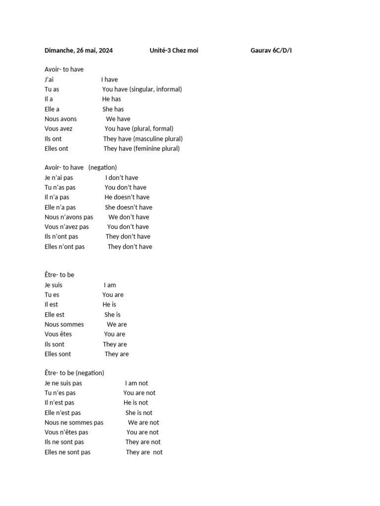 French Unit 3 Tricolore 1 | PDF | Linguistics | Languages