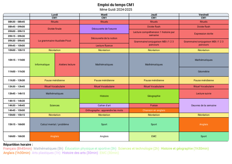 Emploi Du Temps CM1-2024-2025 | PDF