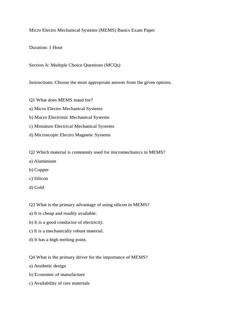 MEMS Basics Exam: MCQs & Answers | PDF