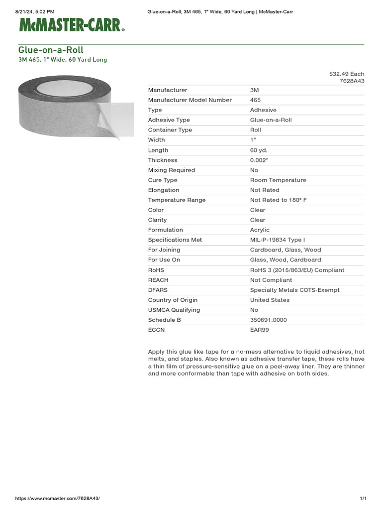 Glue-on-a-Roll, 3M 465, 1 - Wide, 60 Yard Long - McMaster-Carr | PDF