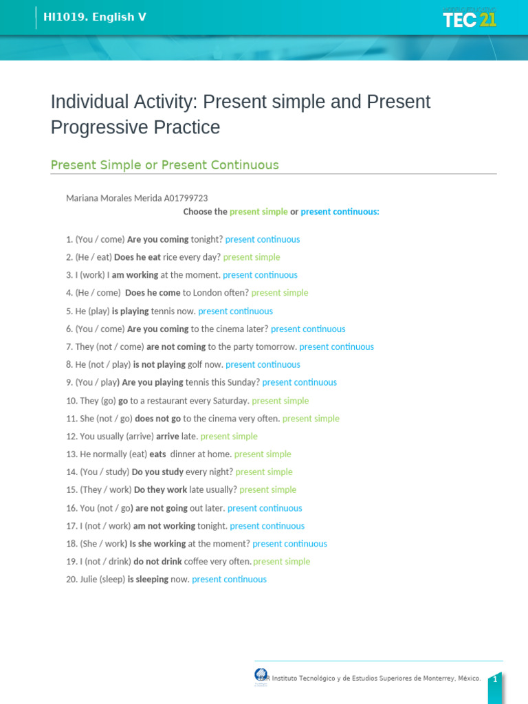 Individual Activity Present Simple and Present Progressive Practice | PDF
