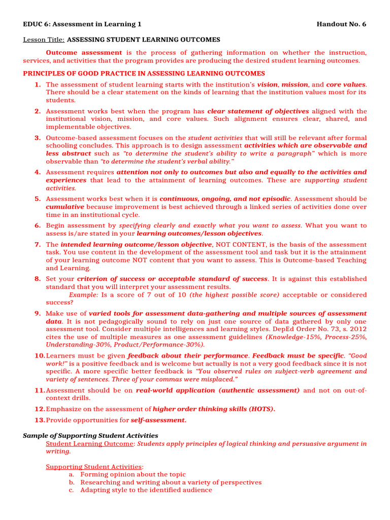 Lesson Title: Assessing Student Learning Outcomes: EDUC 6: Assessment in Learning 1 Handout No ...