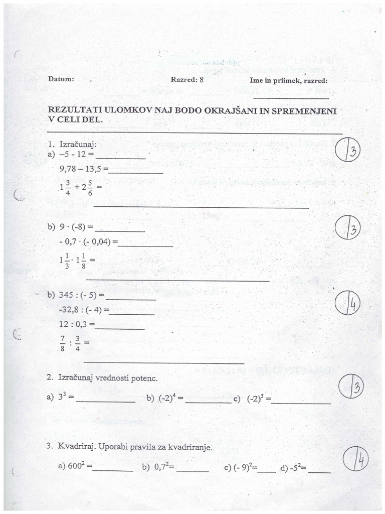 1 - Učni List 8 - Razred Potence in Korenjenje | PDF