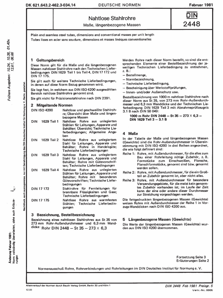 DIN 2448 - 1981-02 Nahtlose Stahlrohre - Maße, Längenbezogene Massen ...