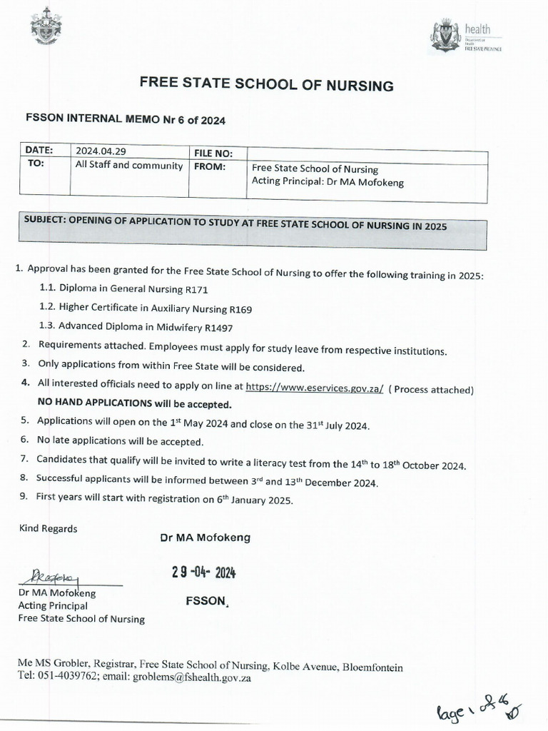 FSSON Memo 6 of 2024 - Opening of Applications For 2025 | PDF