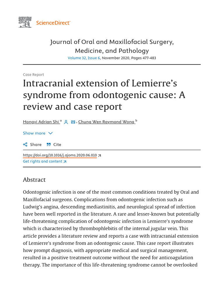 Intracranial Extension of Lemierre's Syndrome From Odontogenic Cause ...