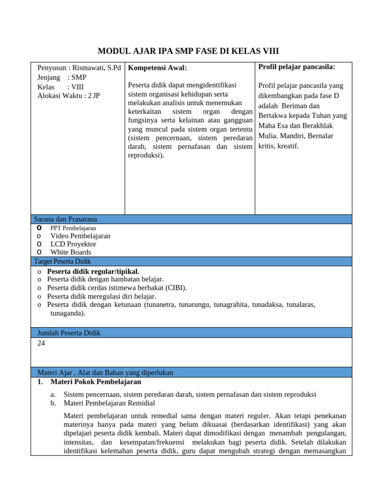 Modul Ajar Ipa SMP Fase Di Kelas Viii | PDF