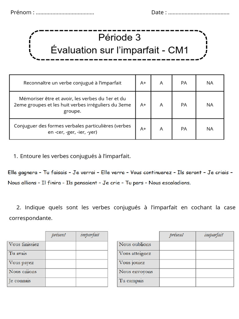 Eval Imparfait CM1 | PDF