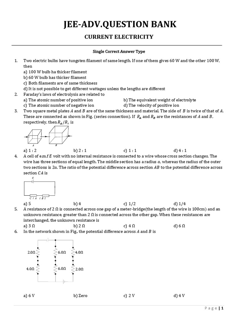 Jee-Adv. Current Electricity Question Bank | PDF