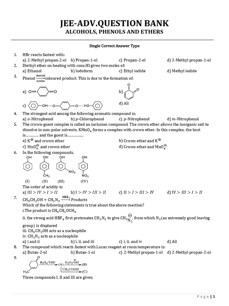Jee-Adv. Alcohols, Phenols and Ethers Question Bank, PDF | PDF