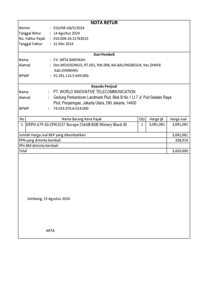 Nota Retur OPPO A79 | PDF