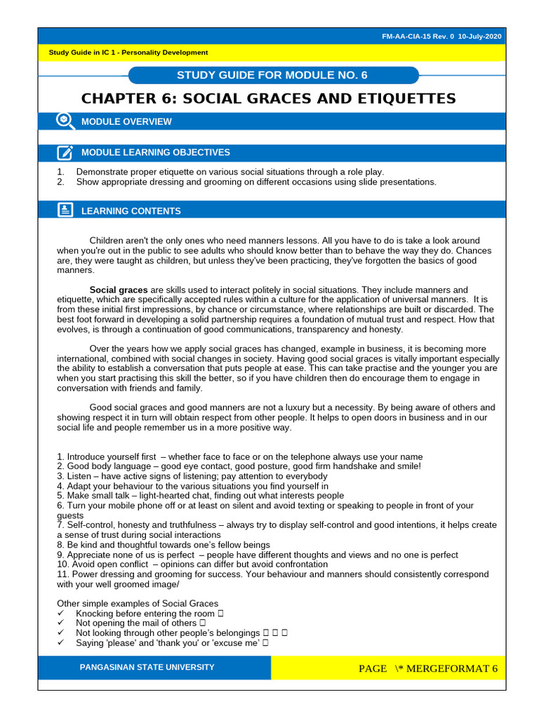 IC 1 Module 6 Social Graces and Etiquettes | PDF